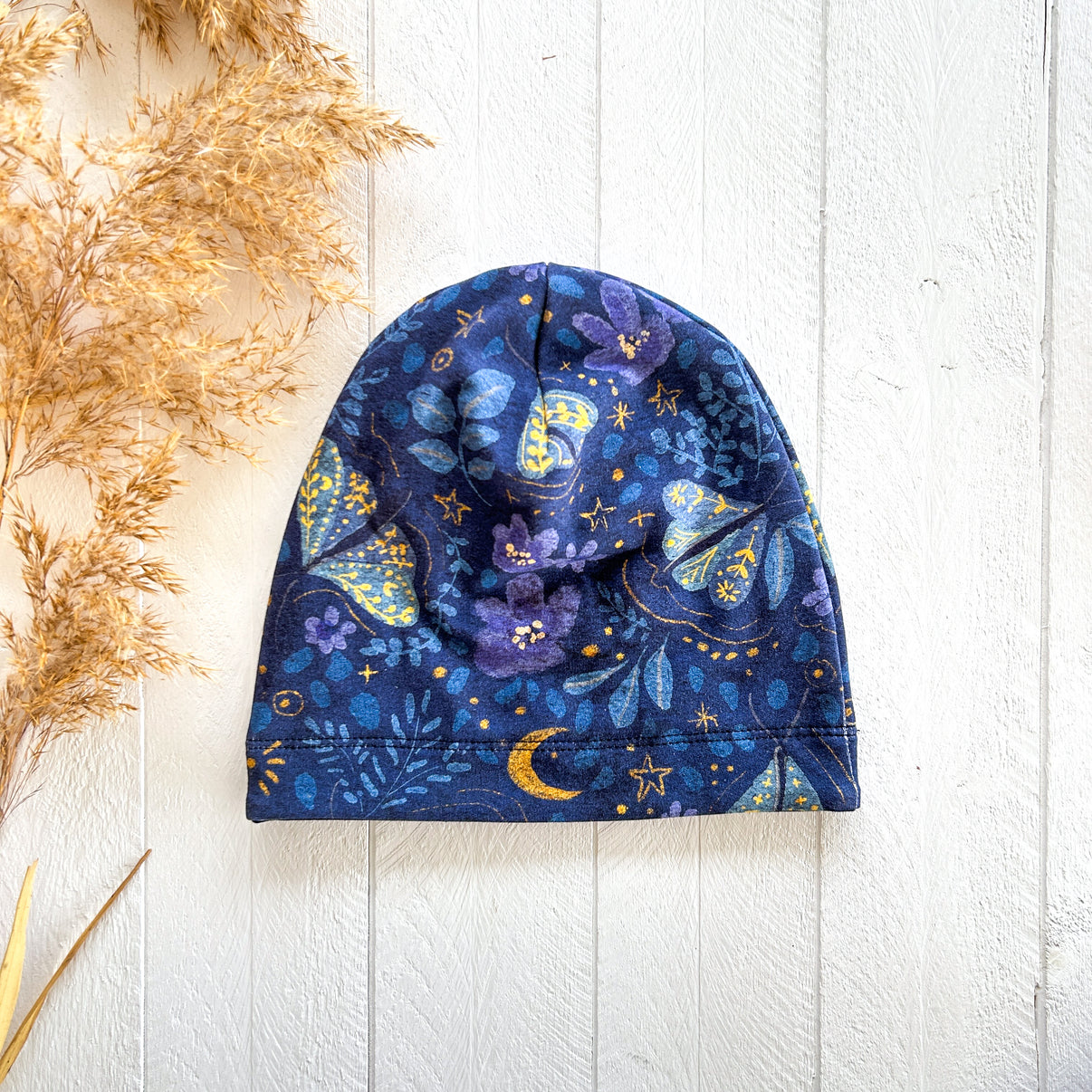 Midnight Moth Lined Beanie – Wheat & Wildflower Handmade